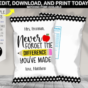 Editable Teacher Appreciation Gift Chip Bag Wrapper Printable Teacher ...