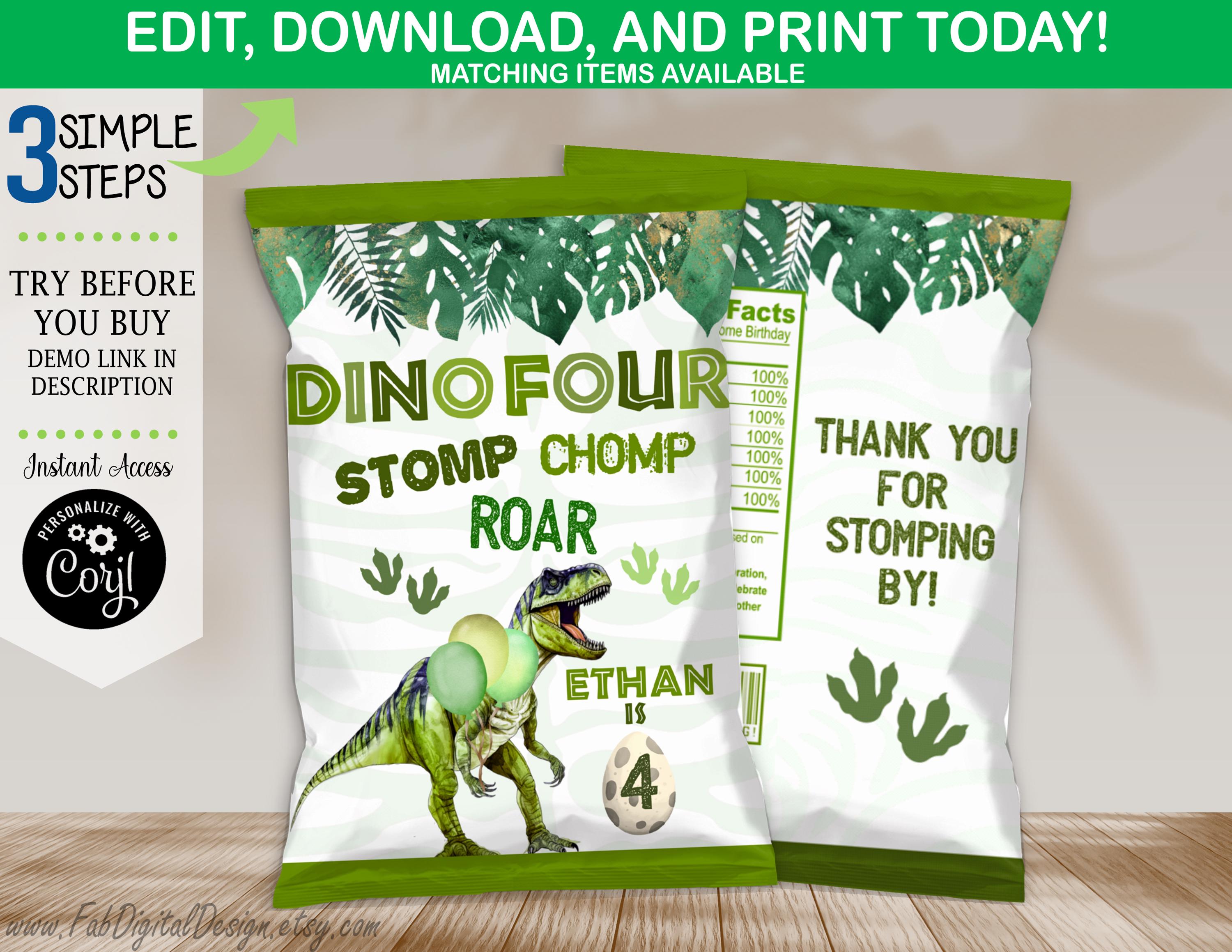 Editable Dino Four Chip Bag Dinosaur4th Birthday Party Favor Chips Bag ...