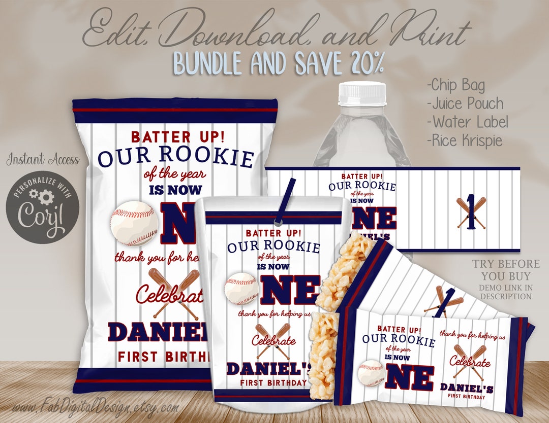 BUNDLE Baseball First Birthday Chip Bag Rice Krispie Water Bottle Juice ...