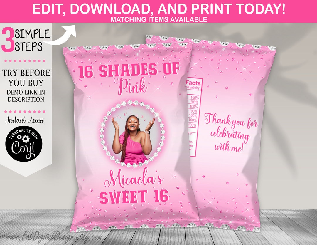Editable 16 Shades of Pink Chip Bag Sweet 16 Chip Bag Label Pink Party ...