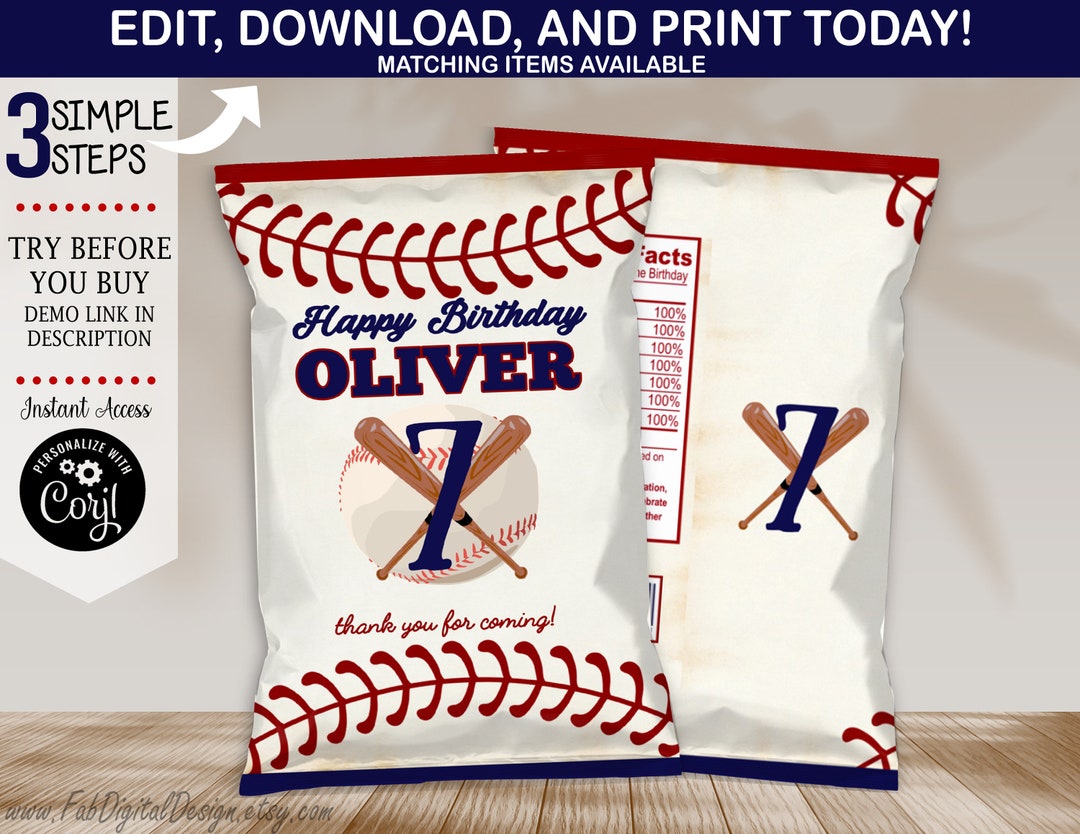 Editable Baseball Birthday Chip Bag Rookie Year Baseball Sports Ball ...