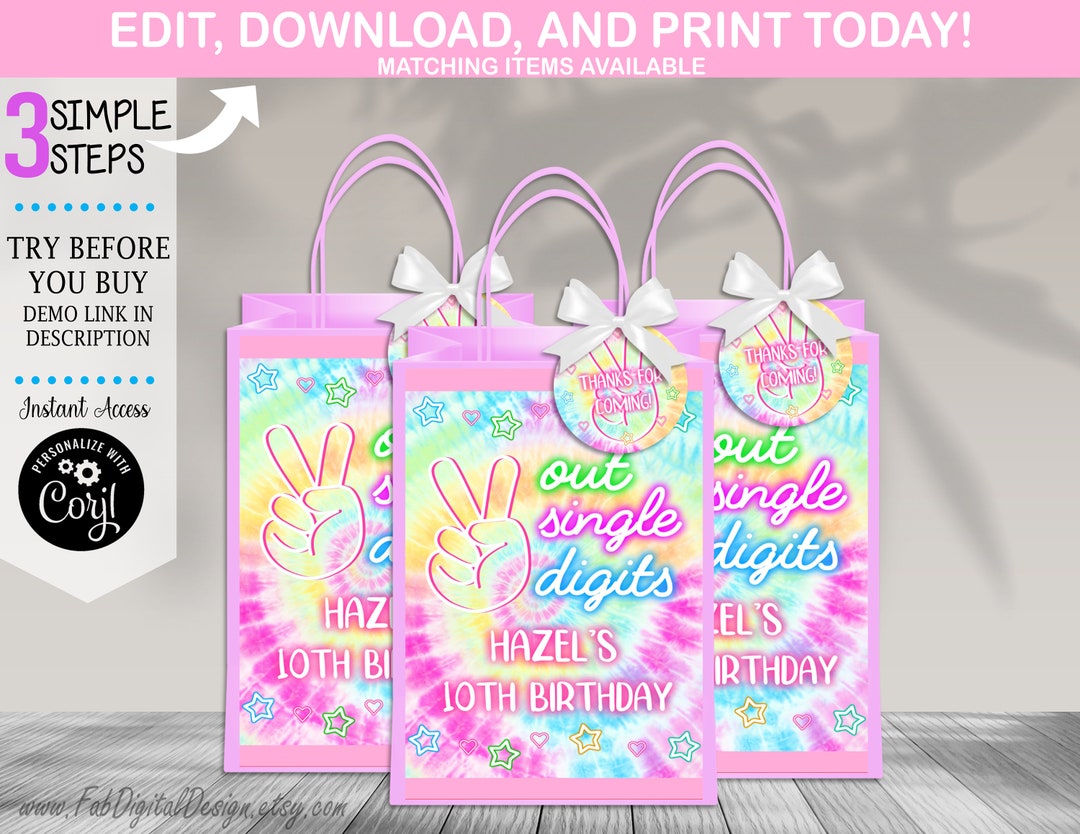Editable Peace Out Single Digits Gift Bag Label 10th Birthday Favor Bag ...