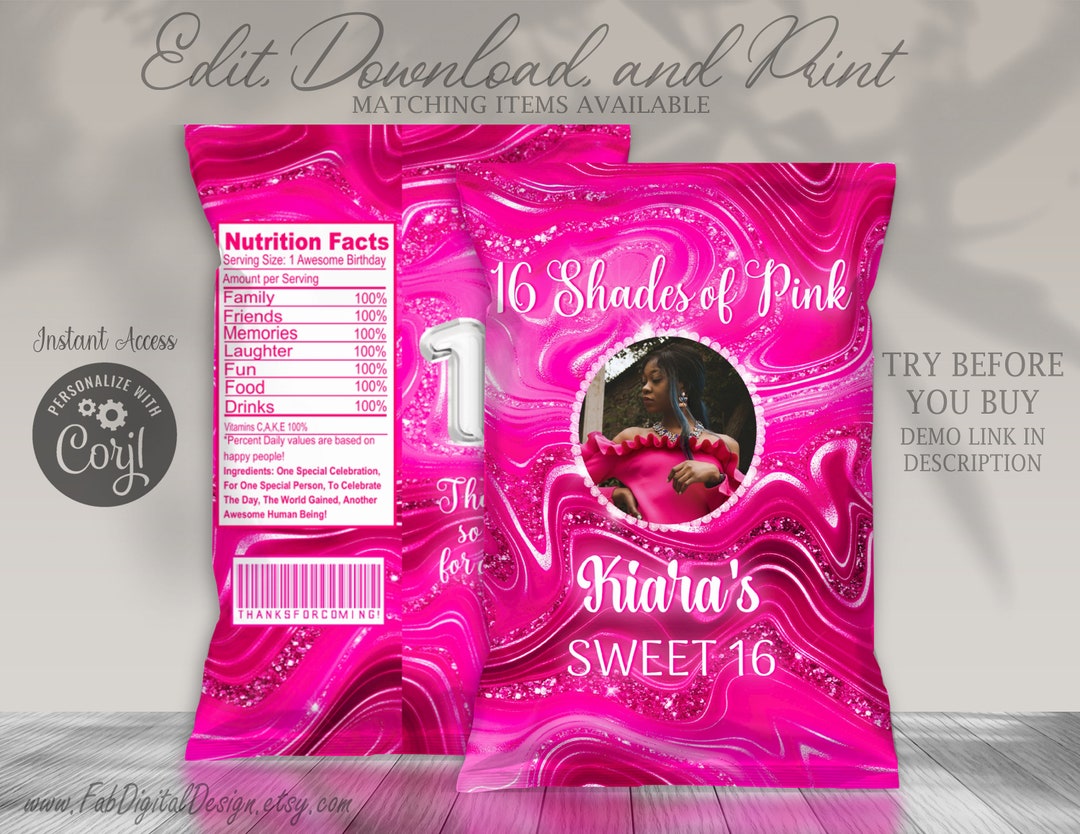 Editable 16 Shades of Pink Chip Bag Sweet 16 Invitation Pink - Etsy