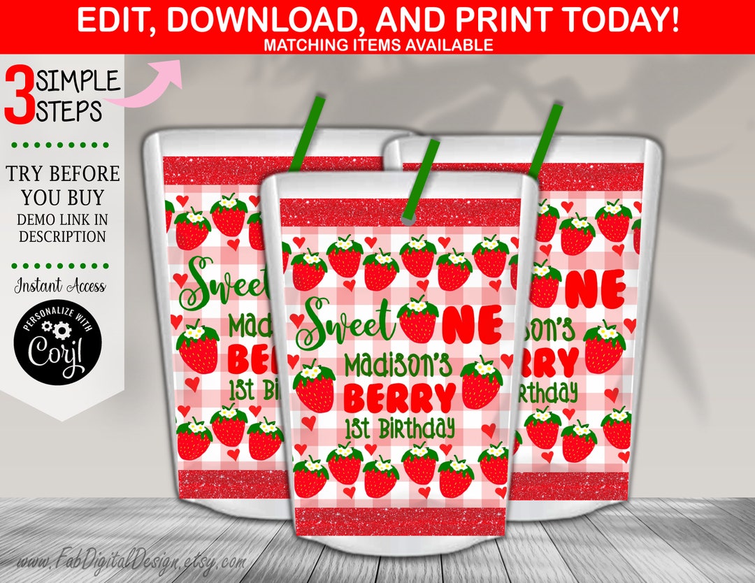 Editable Berry Sweet One First Birthday Juice Pouch Labels Strawberry ...