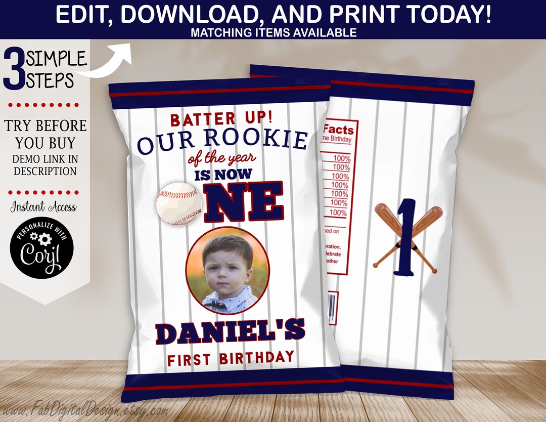 Editable Baseball First Birthday Chip Bag Rookie Year Baseball Sports ...