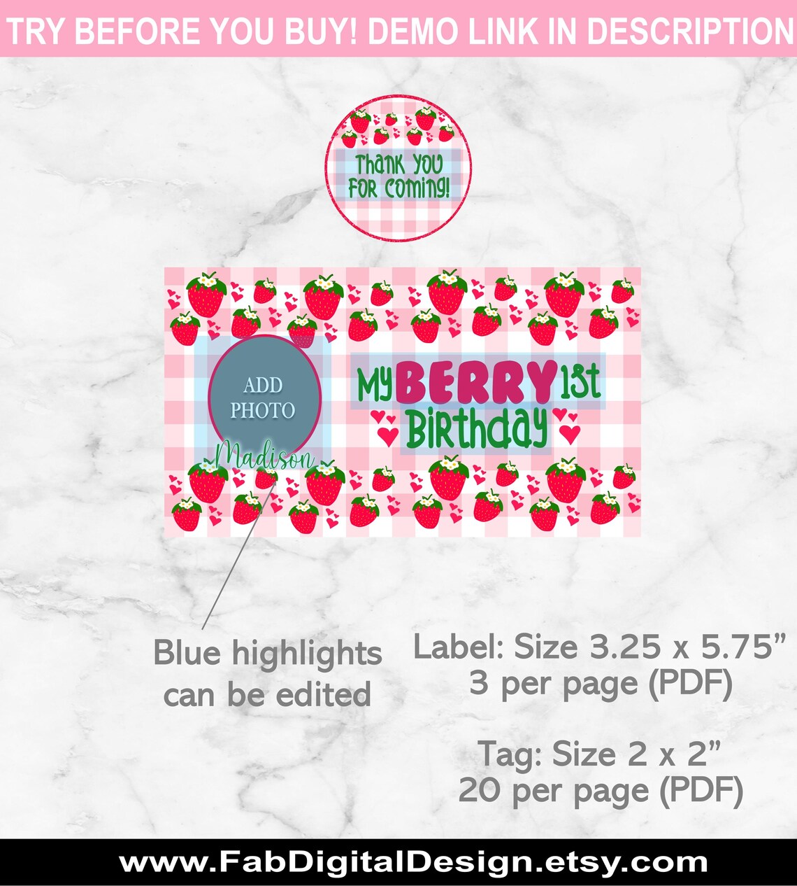 Editable Berry First Birthday Gable Box Labels Berry Sweet One First ...