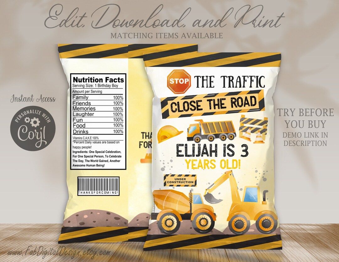 Editable Construction Chip Bag Construction Dump Truck - Etsy
