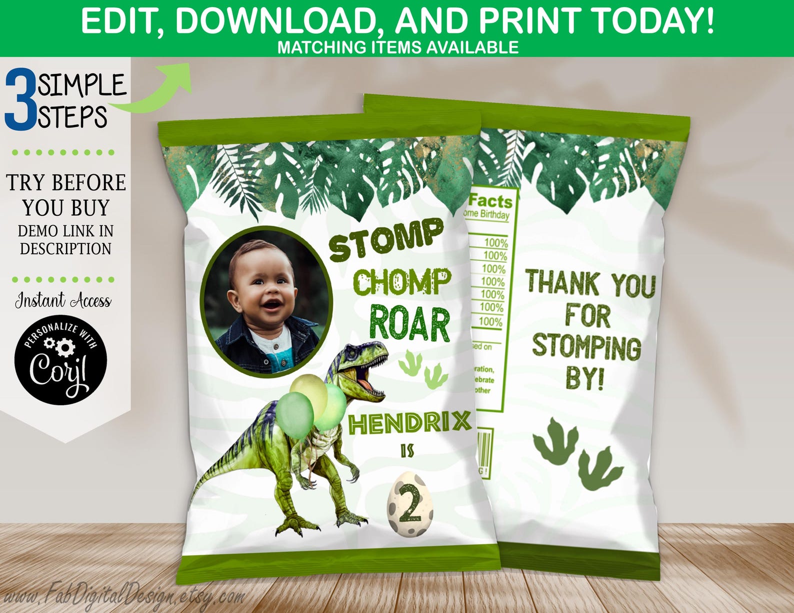 Editable Dinosaur Chip Bag Dinosaur Birthday Party Favor Chips Bag T ...