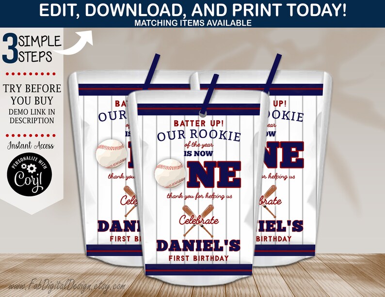 Editable Baseball First Birthday Juice Pouch Label Rookie Year Baseball ...