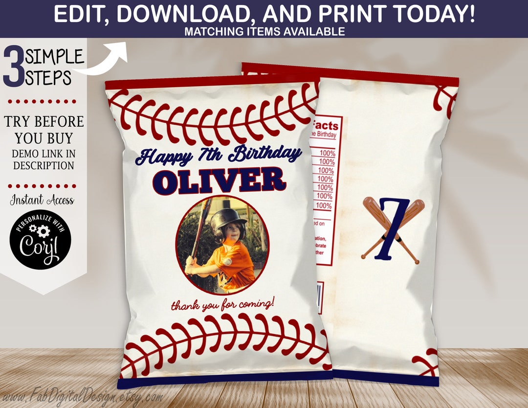 Editable Baseball Birthday Chip Bag Rookie Year Baseball Sports Ball ...