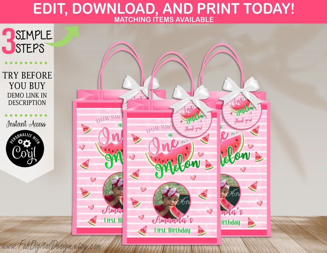 Editable One in a Melon Gift Bag Label Watermelon 1st Birthday Treat ...