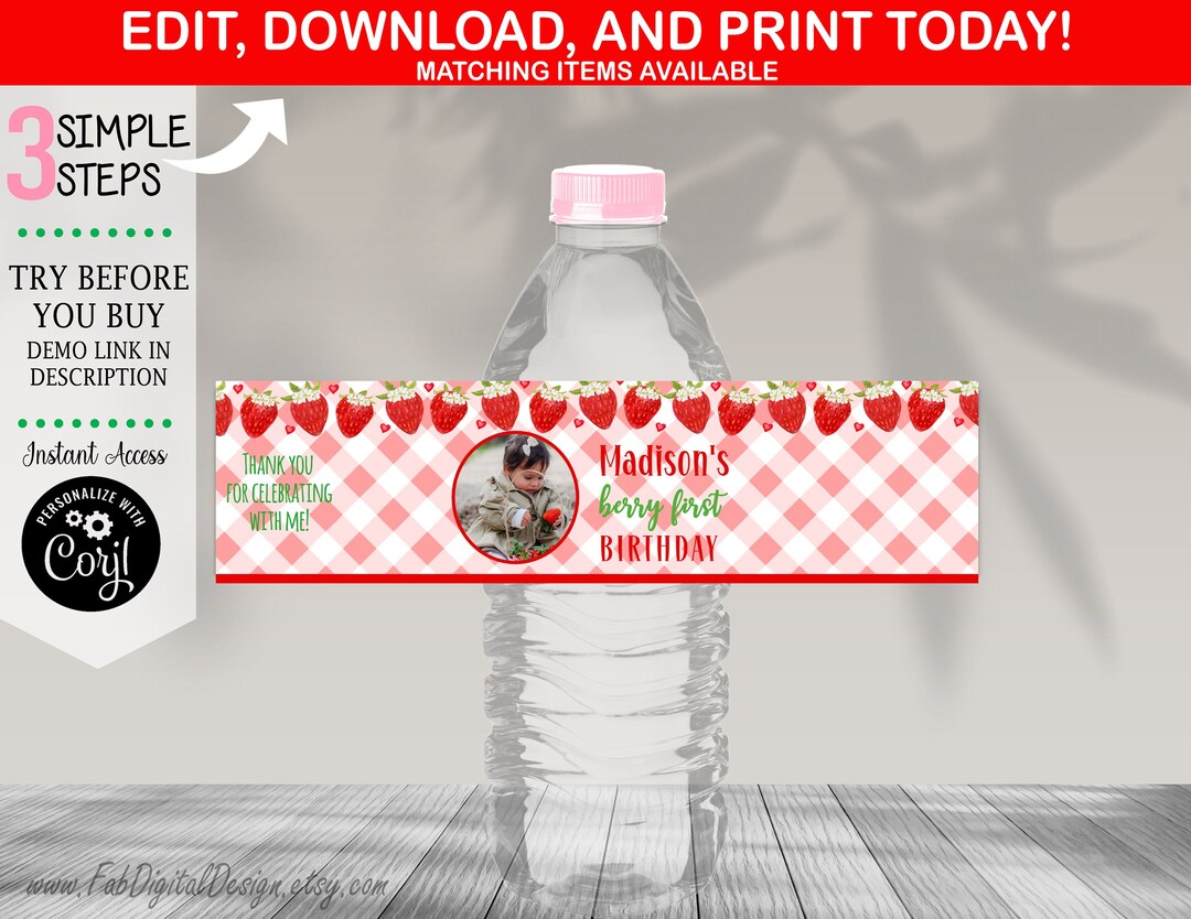 Editable Berry First Birthday Water Bottle Labels Berry 1st Birthday ...