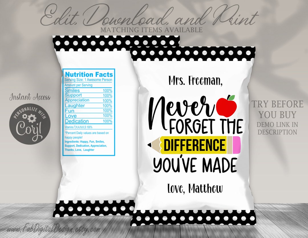 Editable Teacher Appreciation Gift Chip Bag Wrapper Printable Teacher ...
