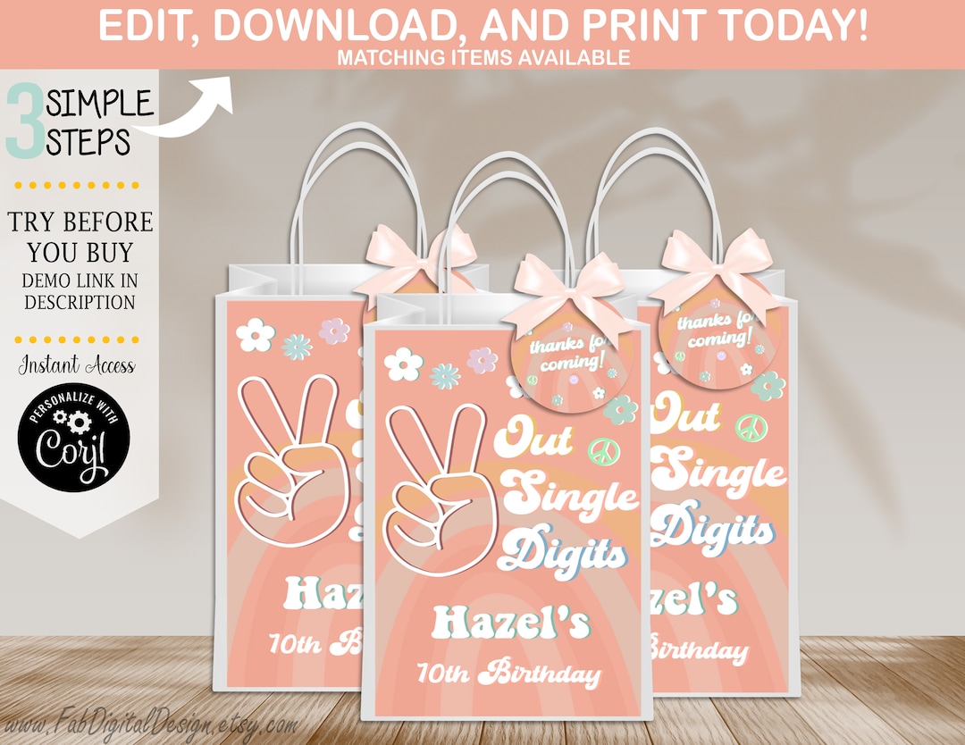 Editable Peace Out Single Digits Gift Bag Label 10th Birthday Favor Bag ...