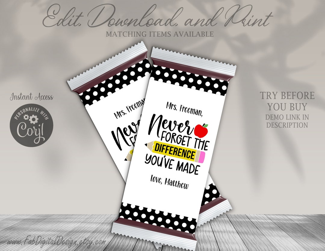 Editable Teacher Appreciation Gift Hershey Wrapper Printable - Etsy