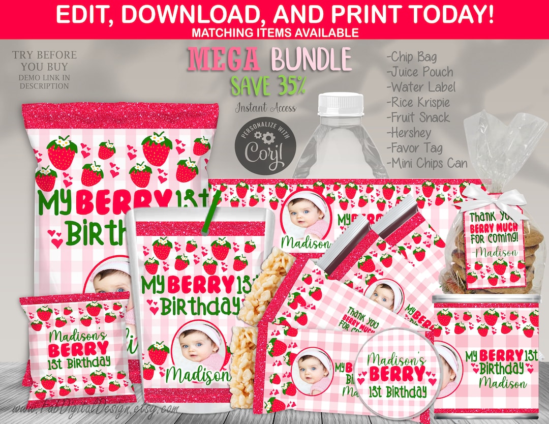 BUNDLE Berry First Birthday Chip Bag Rice Krispie Water Bottle Juice ...