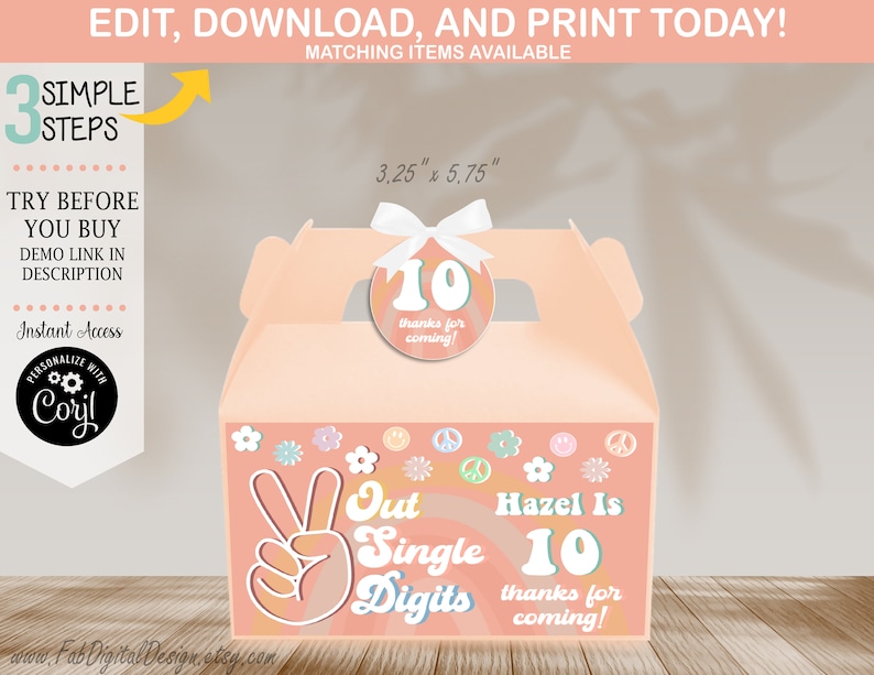 Editable Peace Out Single Digits Gable Box Label Groovy 10th - Etsy