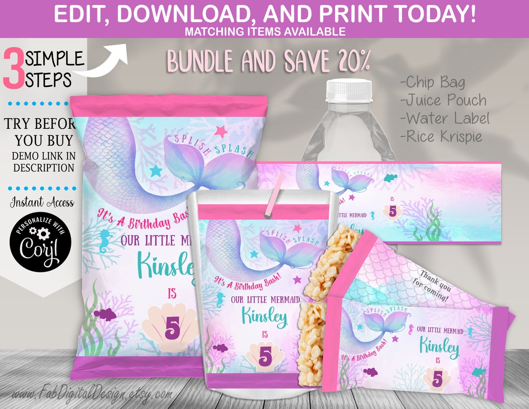 BUNDLE Mermaid Birthday Chip Bag Rice Krispie Water Bottle Juice Pouch ...