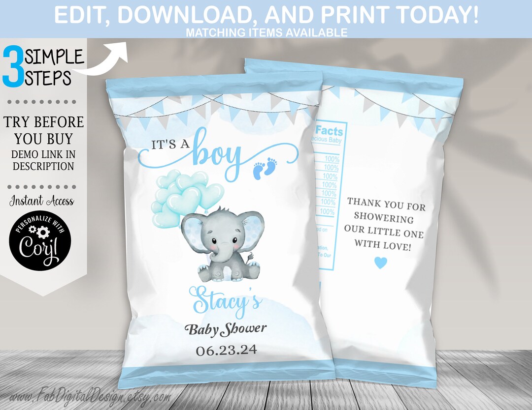 Editable Blue Elephant Baby Shower Chip Bag It's A Boy Baby Shower ...