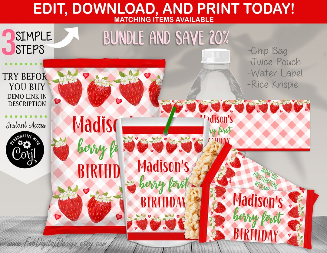 BUNDLE Berry First Birthday Chip Bag Rice Krispie Water Bottle Juice ...