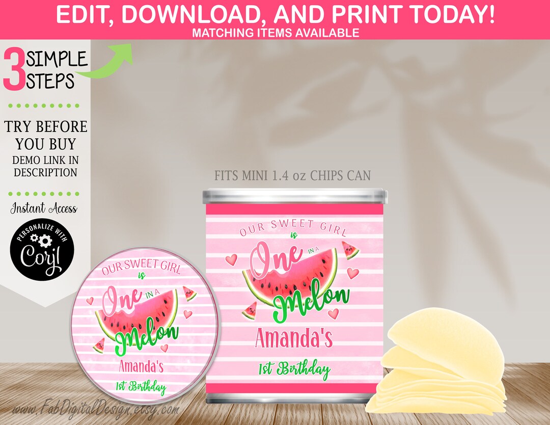 Editable One in a Melon Mini Chip Can Labels Watermelon Party Favors ...