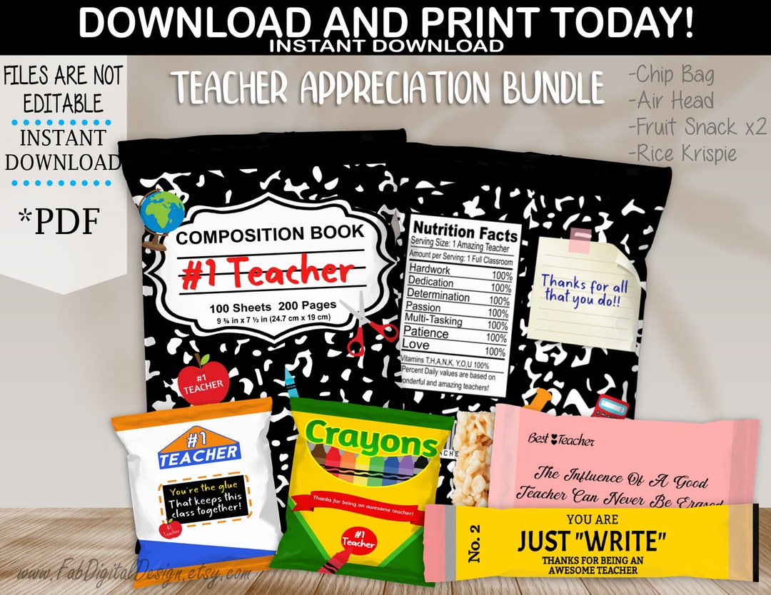 Teacher Appreciation Gift Snack Wrapper Bundle Printable Teacher Gifts ...