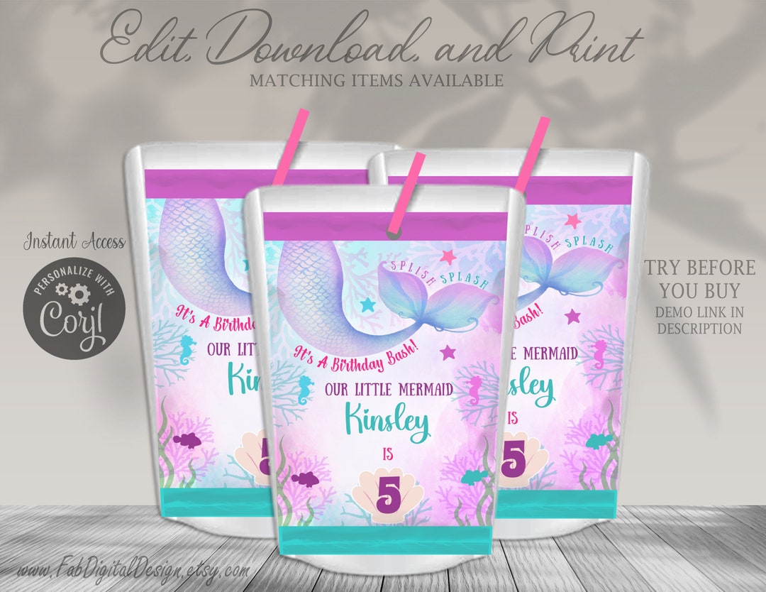 Editable Mermaid Juice Pouch Labels Mermaid Birthday Party - Etsy