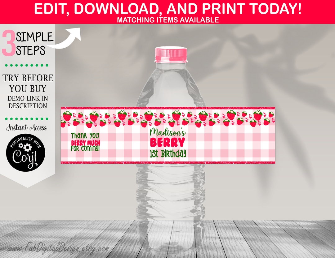 Editable Berry First Birthday Water Bottle Labels Berry 1st Birthday ...