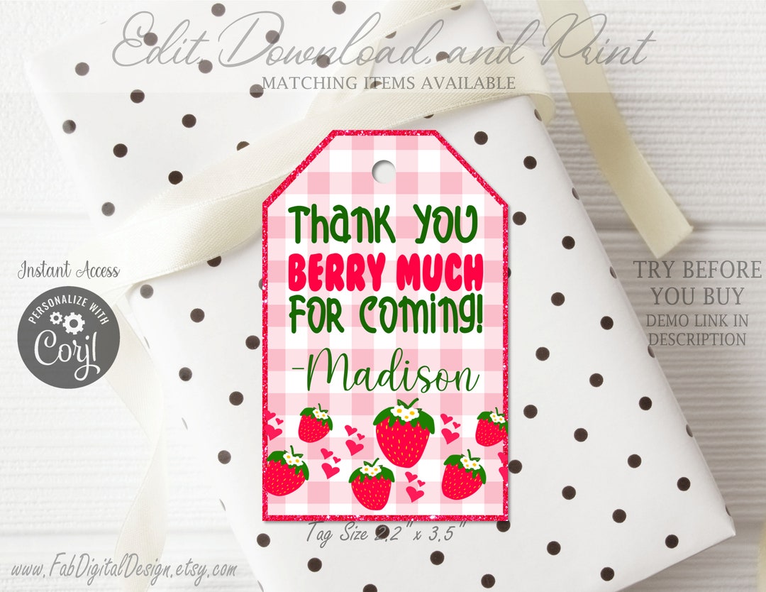 Editable Strawberry Favor Tags Berry First Birthday Thank You Tag Label ...