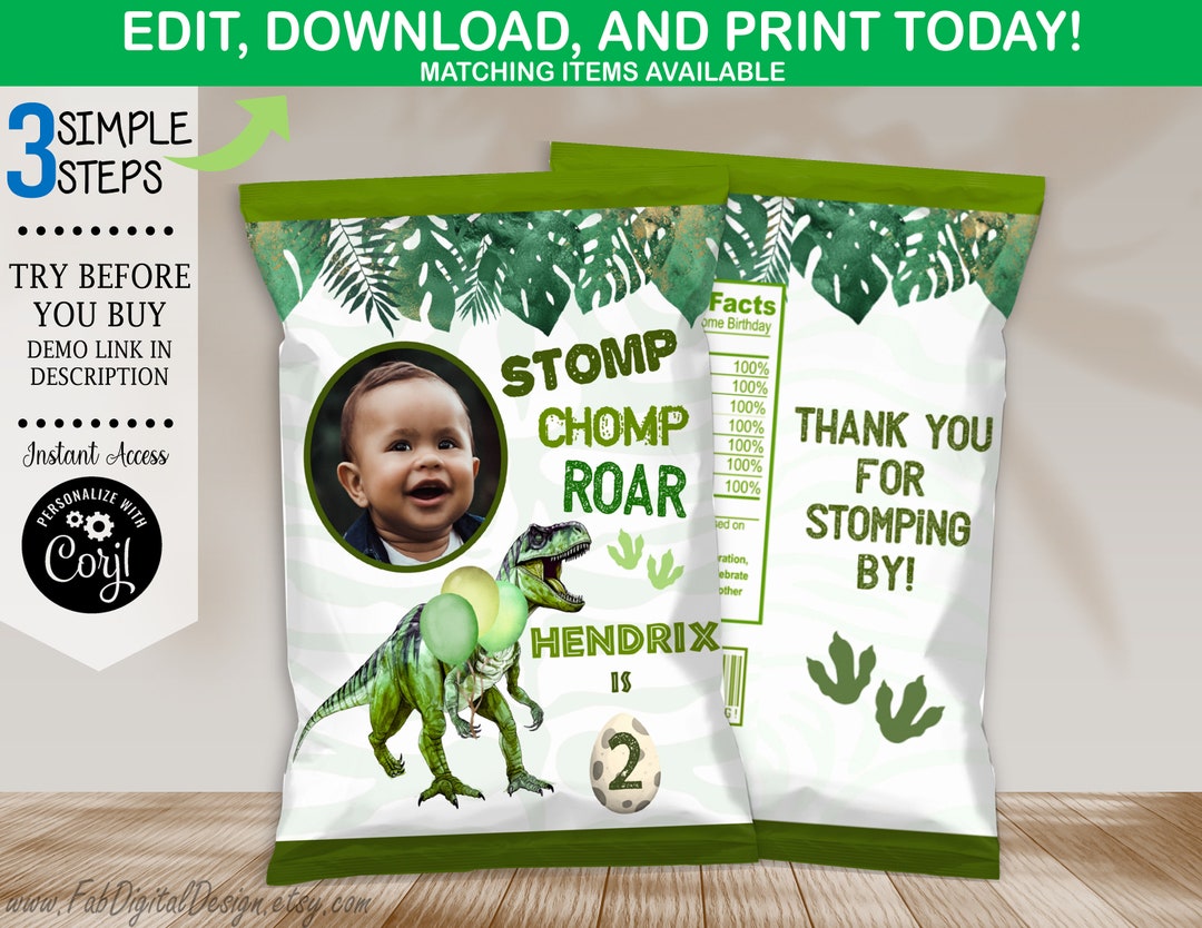 Editable Dinosaur Chip Bag Dinosaur Birthday Party Favor Chips Bag T ...