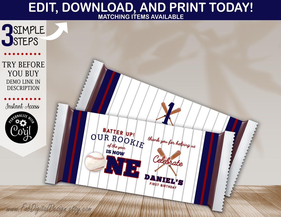 Editable Baseball First Birthday Hershey Wrapper Rookie Year Hershey ...