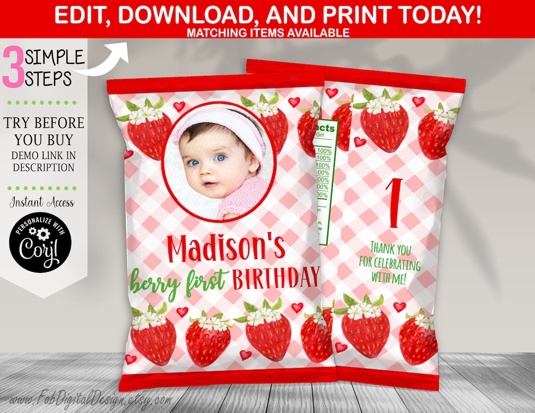 Editable Berry First Birthday Chip Bag Berry 1st Birthday Chip Bag ...