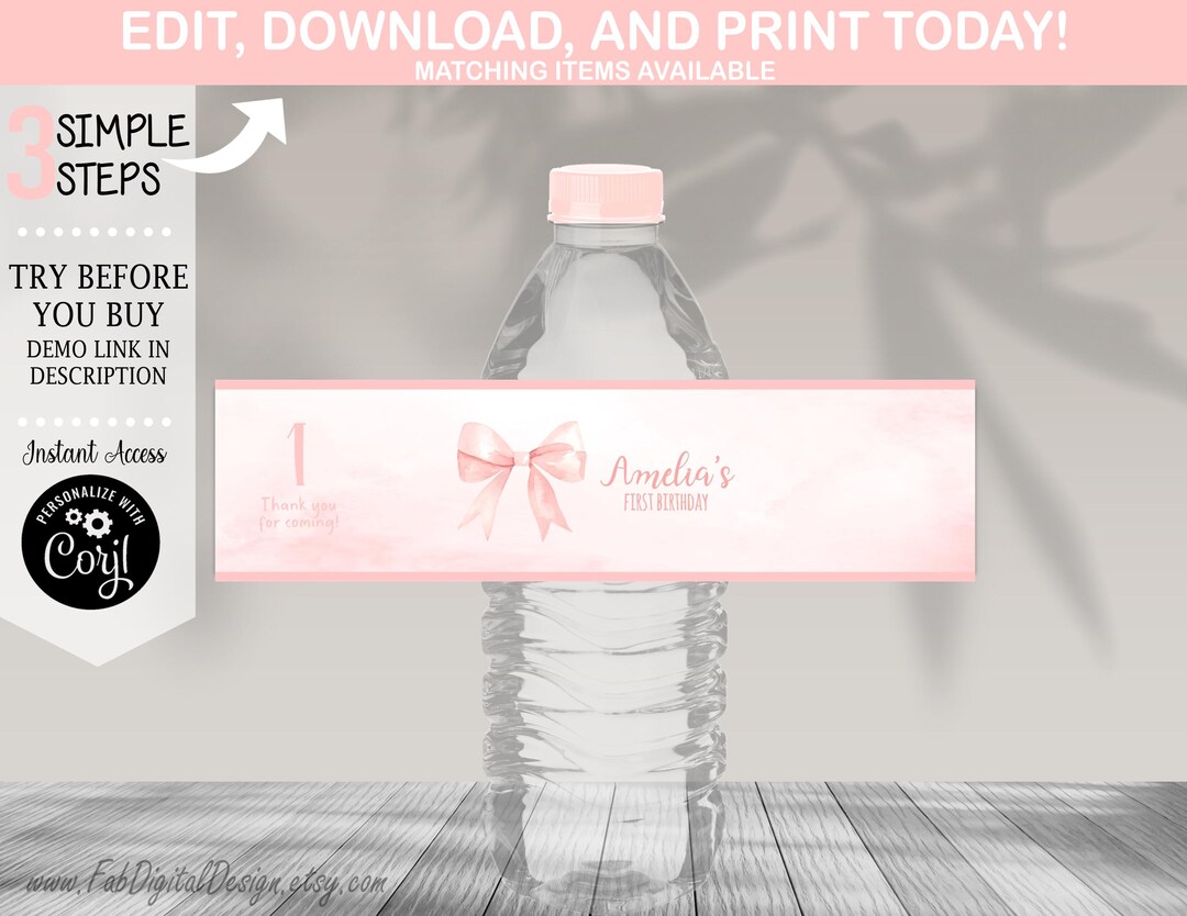 Editable Pink Bow 1st Birthday Water Bottle Labels Pink Coquette First ...
