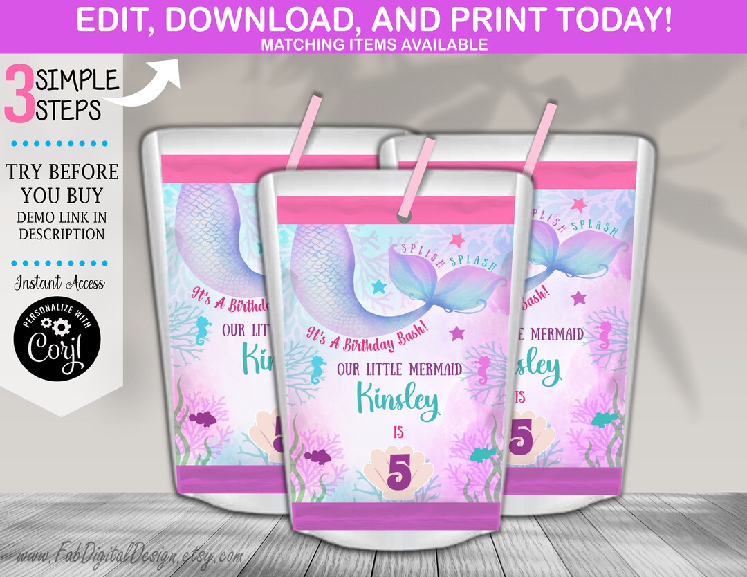Editable Mermaid Juice Pouch Labels Mermaid Birthday Party Caprisun ...