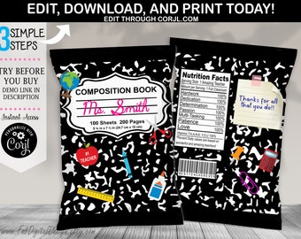 Editable Teacher Appreciation Gift Chip Bag Wrapper Printable Teacher ...