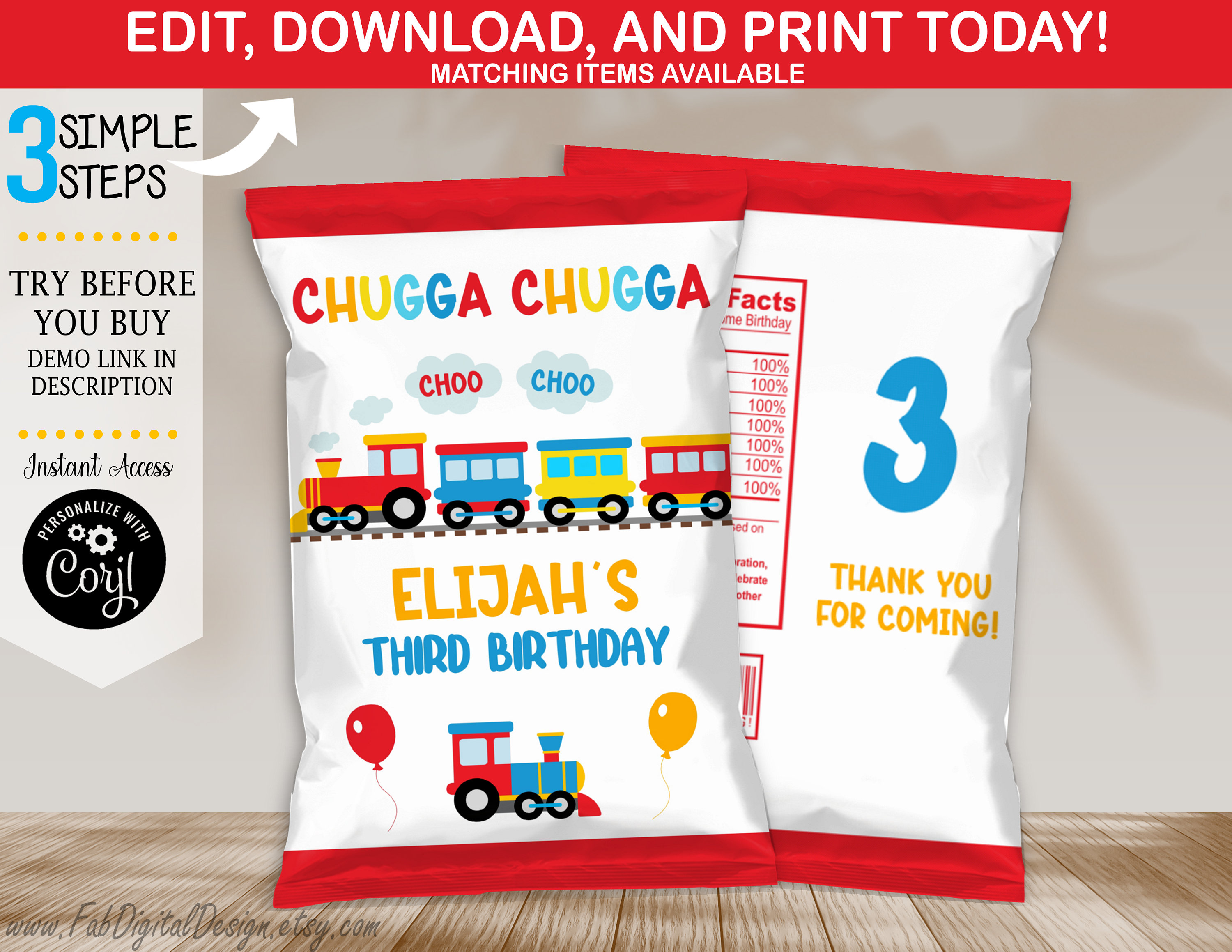 Editable Train Birthday Chip Bag Chugga Chugga Choo Choo Chips Label ...