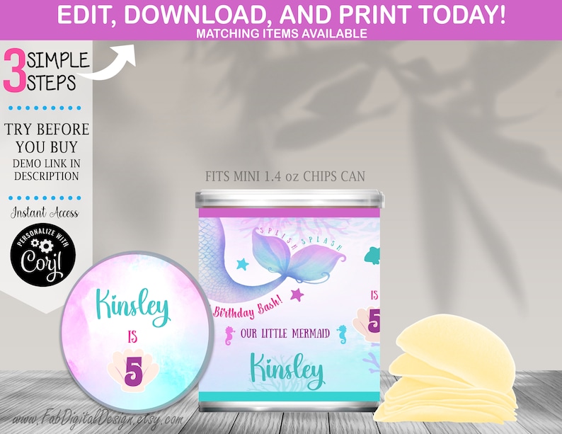 Editable Mermaid Mini Chip Can Labels Under the Sea Birthday Mermaid ...