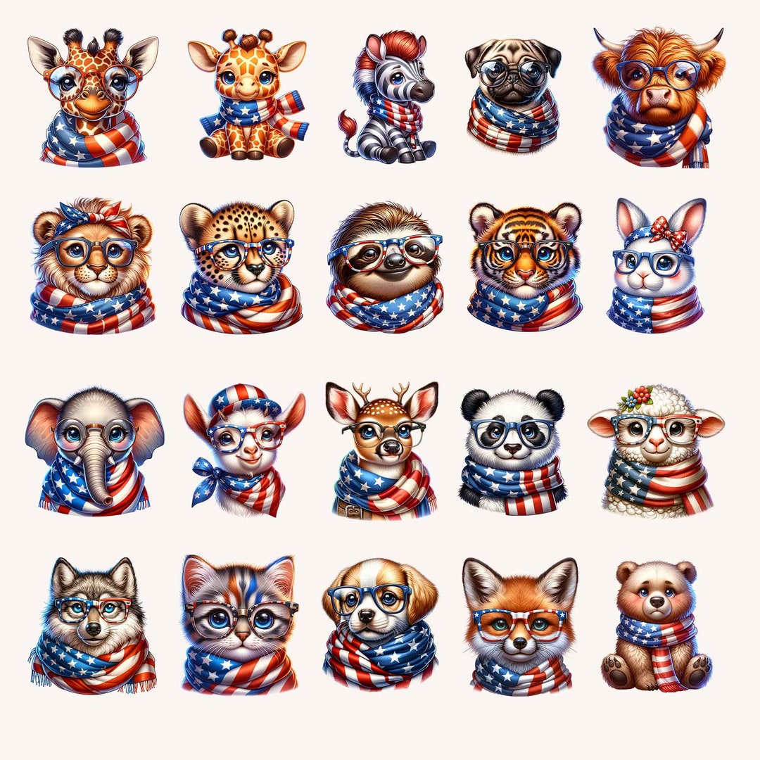 Patriotic Animals 4th of July Watercolor Clipart Cute Pet Portrait ...