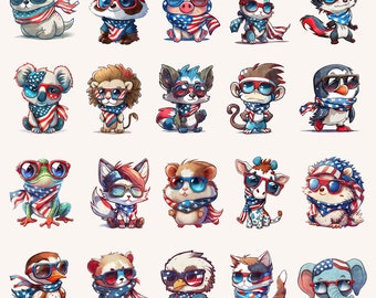 Patriotic Animals 4th of July Watercolor Clipart Cute Pet Portrait ...