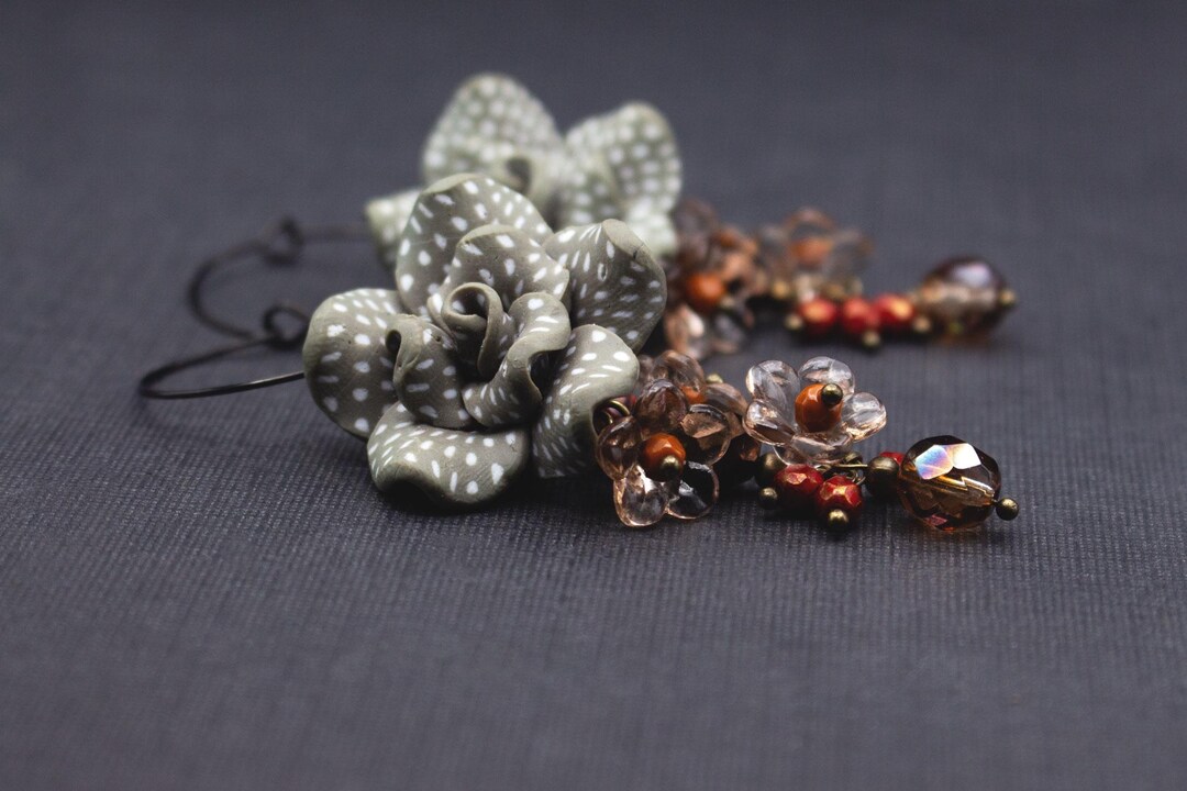 Hoop Earrings With Fimo Flower Grey White Dotted, Acrylic Flowers ...