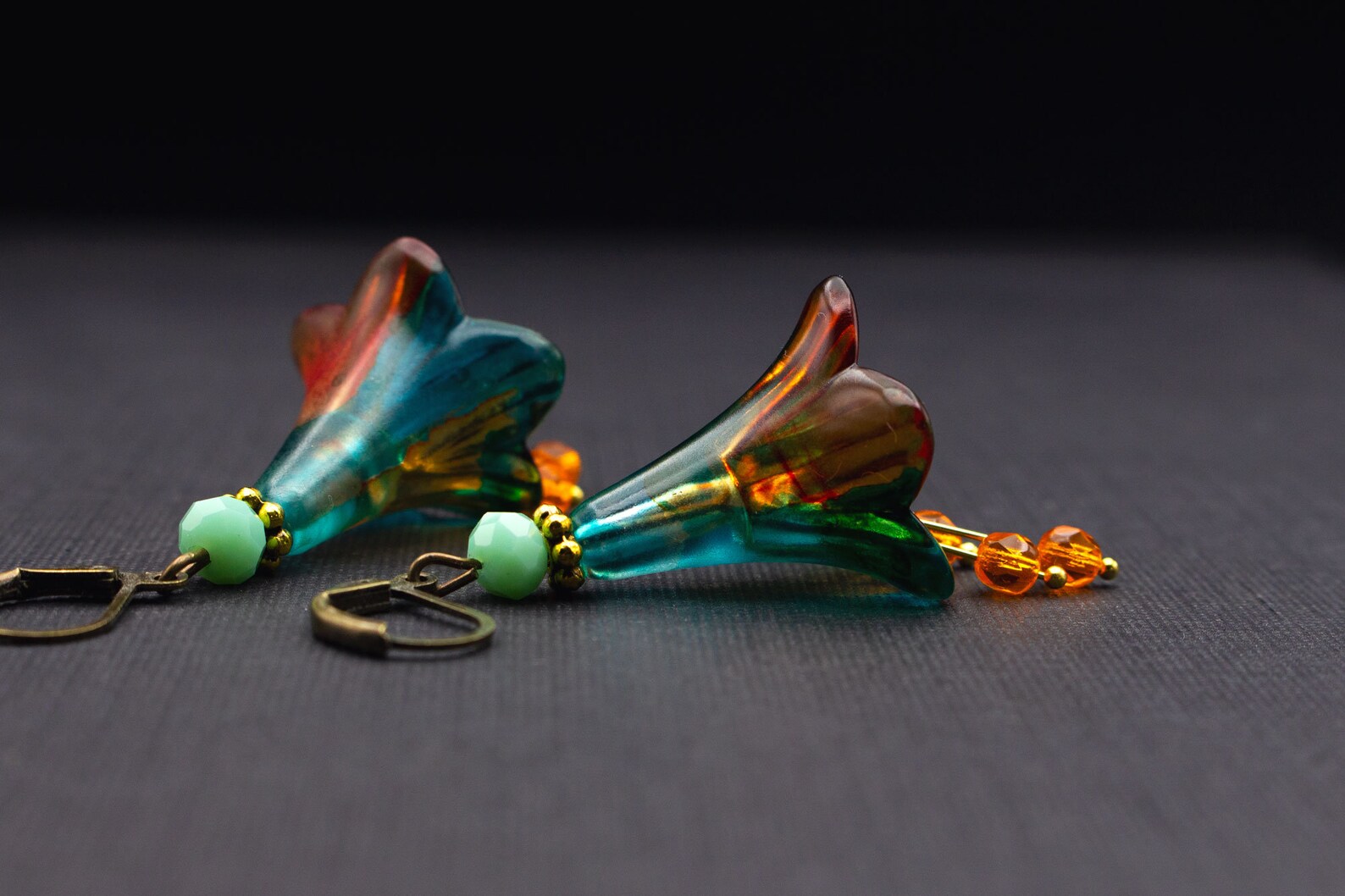 Earrings Flowers, Orange and Turquoise, Flowers, Antique, Mint, Noble ...