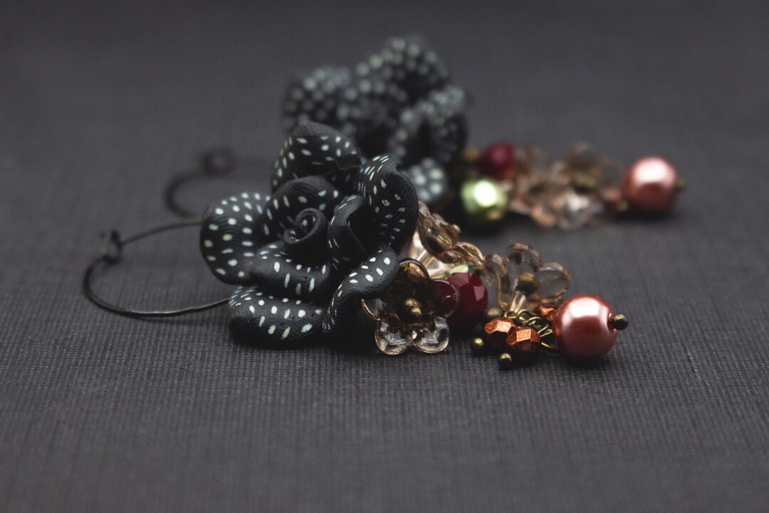 Hoop Earrings, Black With Fimo Flowers, White Dots, Acrylic Flowers in ...