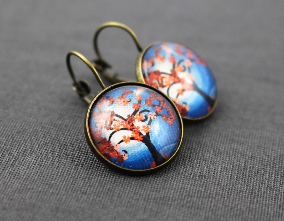 Studs Tree Blue Orange Antique Bronze Glass Trees - Etsy