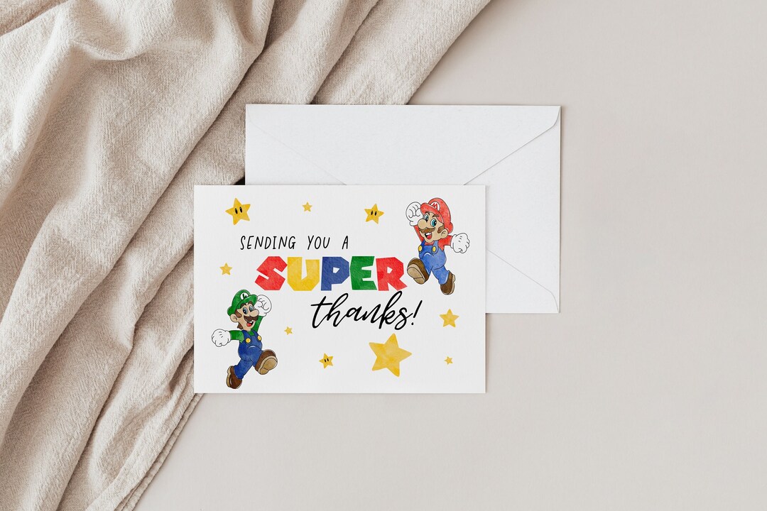 Colorful Hand Drawn Watercolor Super Mario Birthday Thank You Greeting Card Digital Download Etsy