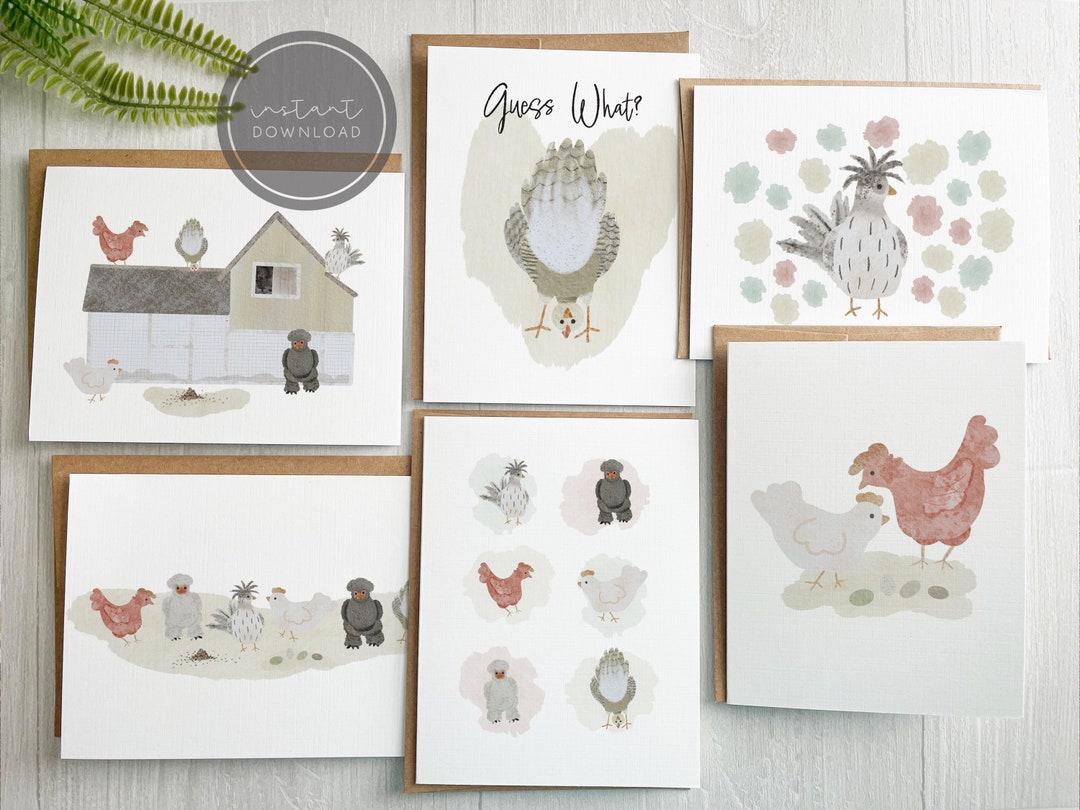 Cute Hand Drawn Watercolor Chickens Greeting Cards DIGITAL DOWNLOAD - Etsy