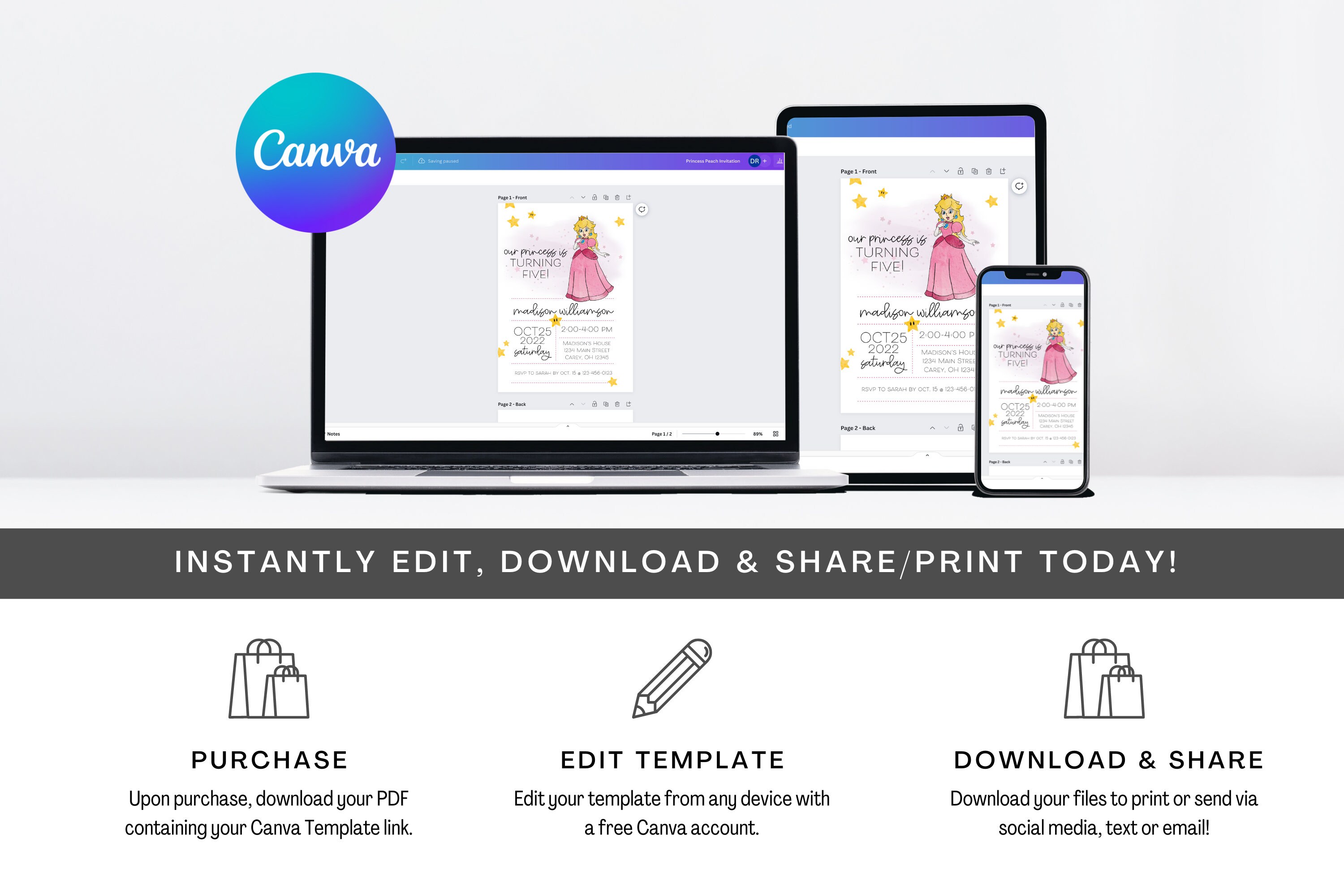 Colorful Hand Drawn Watercolor Princess Peach Birthday Thank You ...