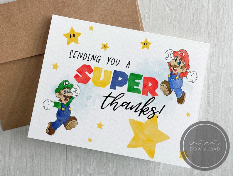 Colorful Hand Drawn Watercolor Super Mario Birthday Thank You - Etsy