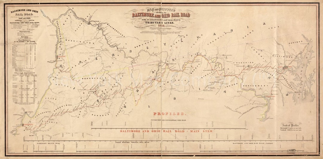 Map 1858 Map and Profiles Showing the Baltimore and Ohio Rail - Etsy