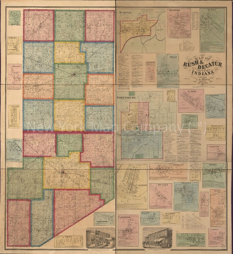 1867 Map of Rush and Decatur Counties Indiana Cadastral - Etsy