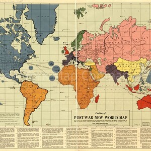 Map 1942 Map Outline of Post-war New World Map Earth Protectorates ...
